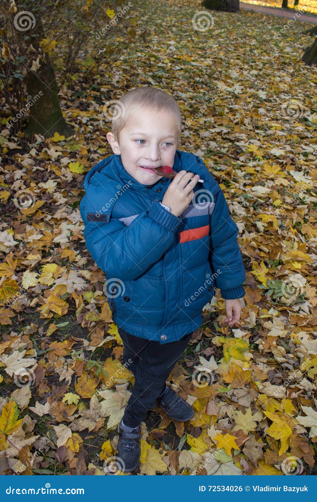 Boy eats in autumn forest stock photo. Image of nature - 72534026