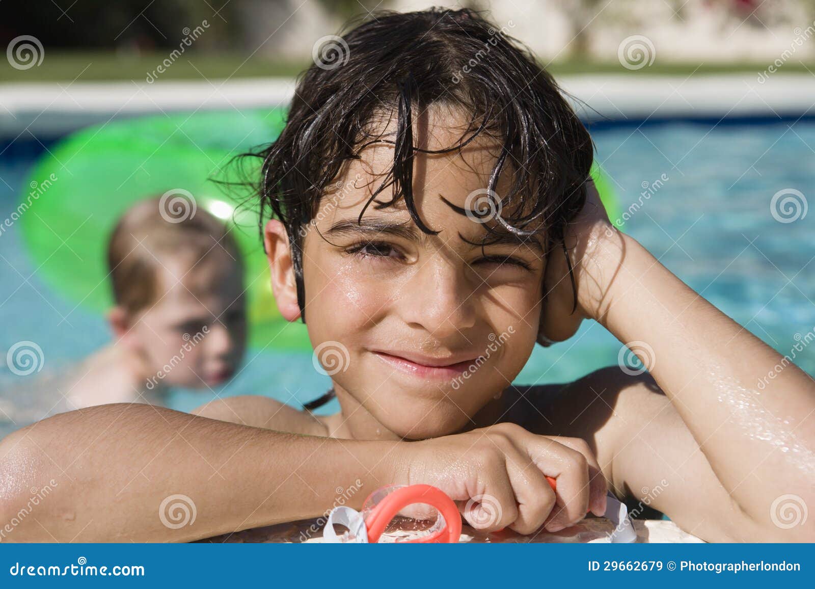 Boy at Edge of Swimming Pool Stock Image - Image of friend, lifestyle ...