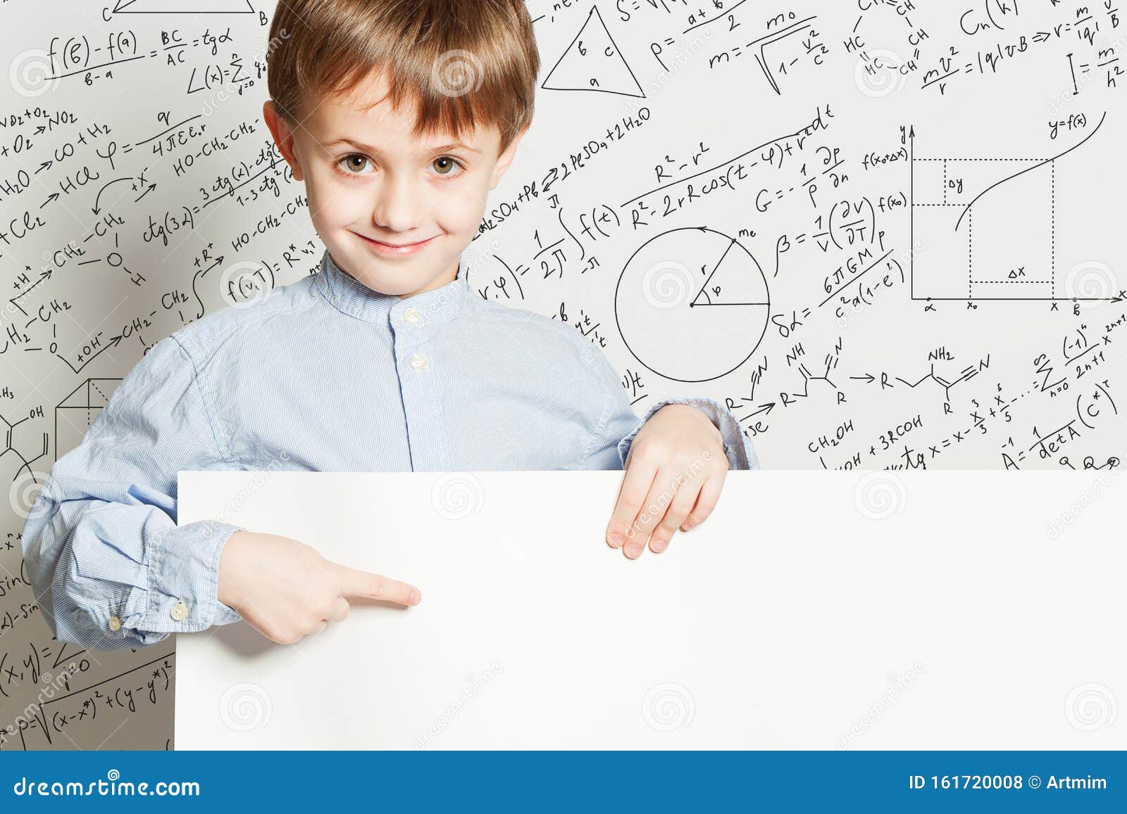 Boy And Empty Billboard. School Concept With Math Formulas Royalty-Free ...