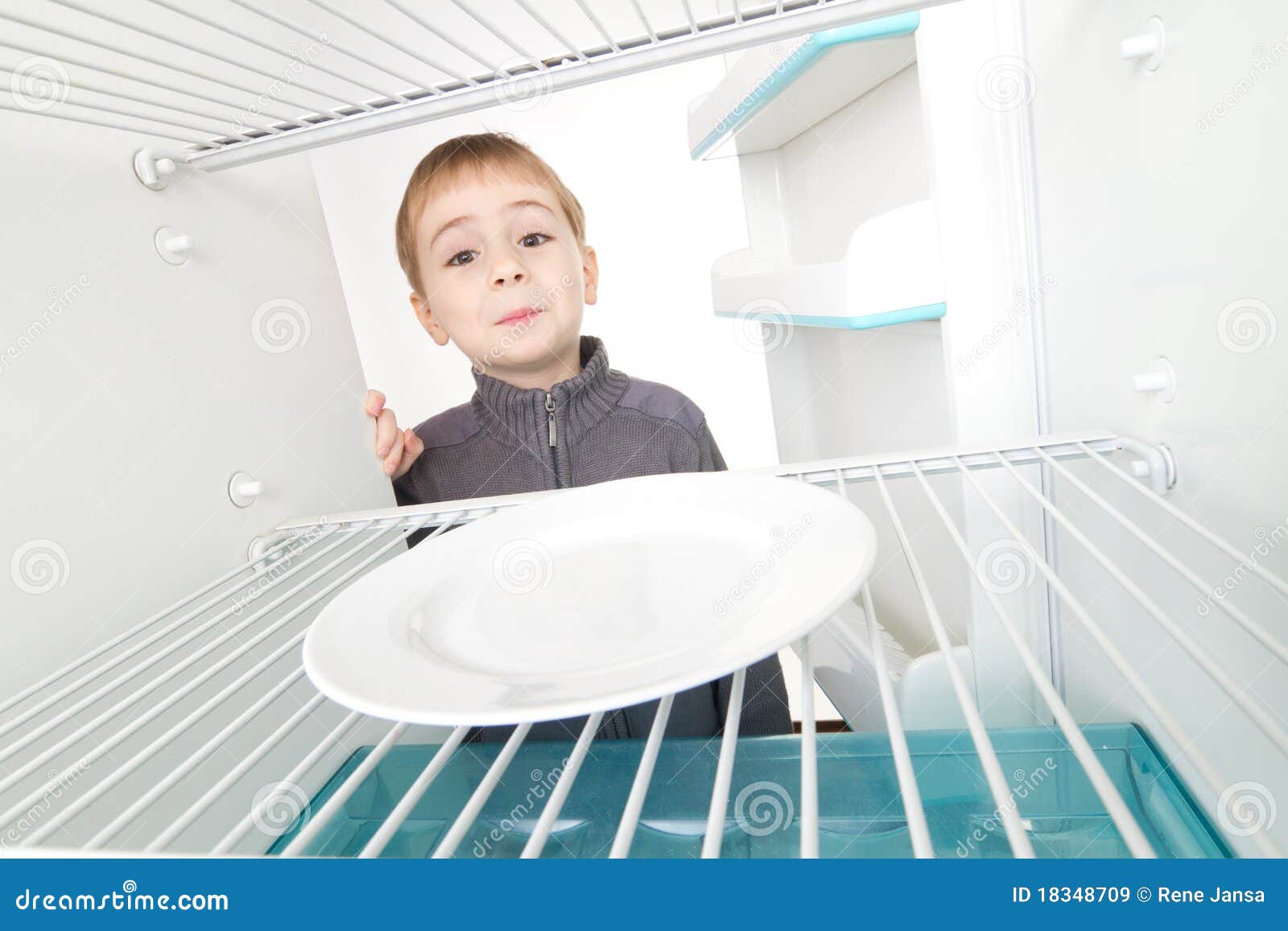 Boy and Empty Refrigerator stock image. Image of plate - 18348709
