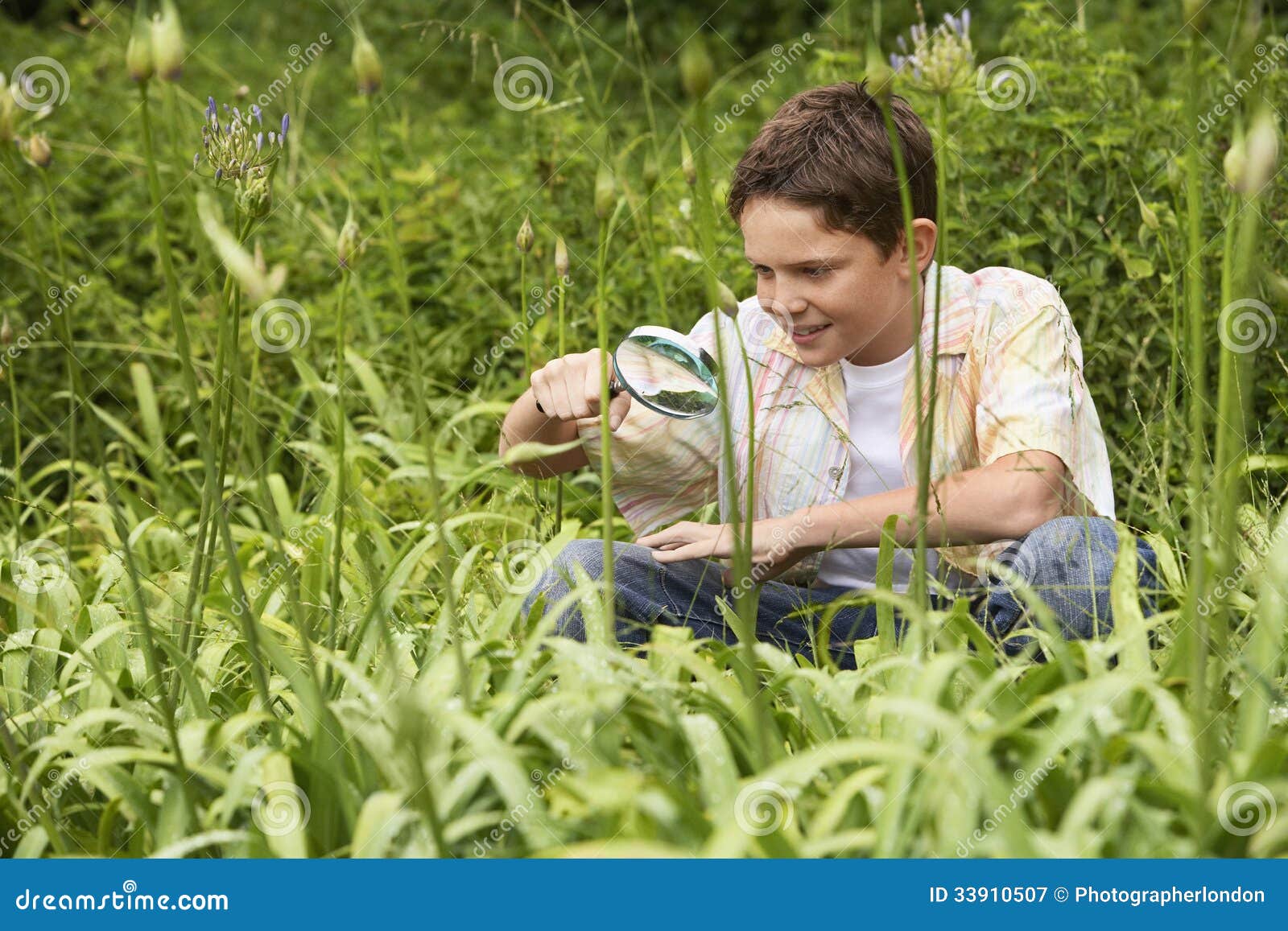 Boy Examining Plants with a Magnifying Glass Stock Image - Image of ...