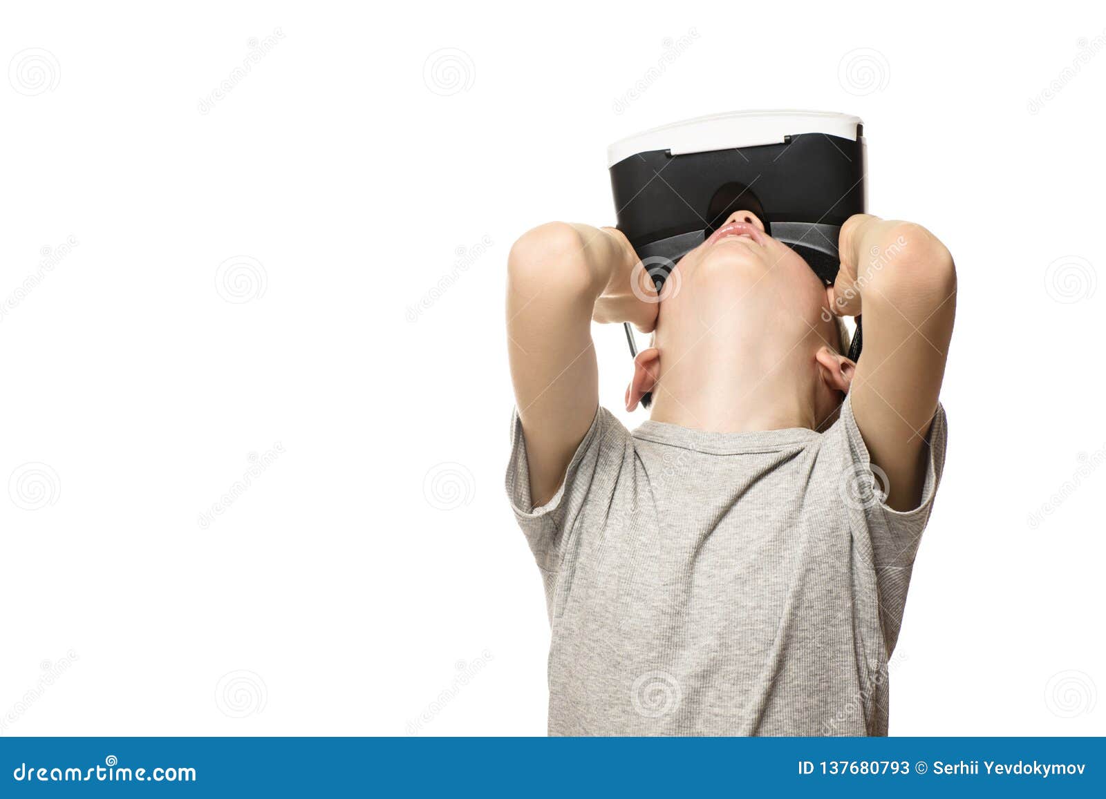 Boy Experiencing Virtual Reality Raising His Head. Isolate on White ...