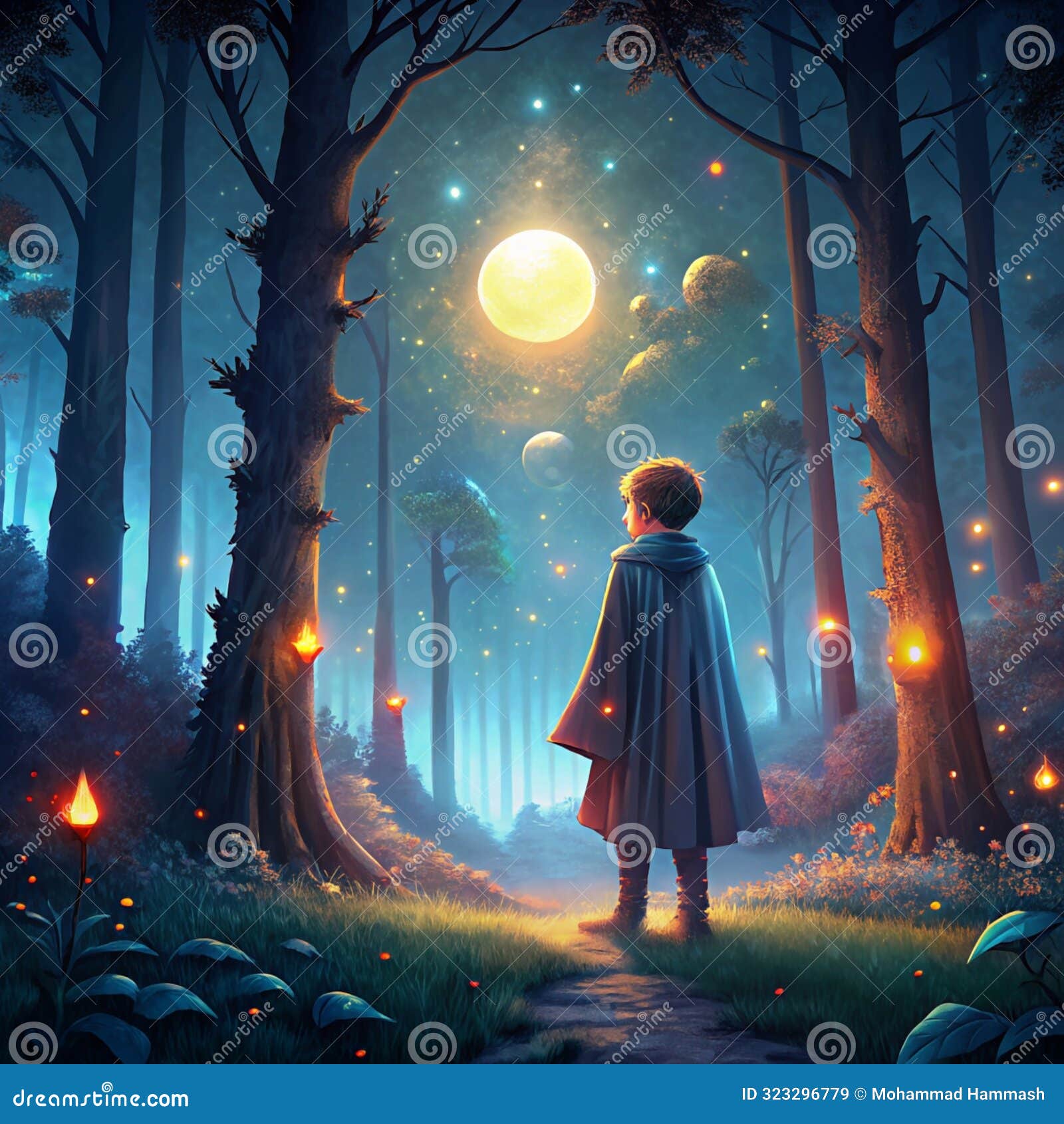 Boy Exploring a Magical Forest at Night Stock Vector - Illustration of ...