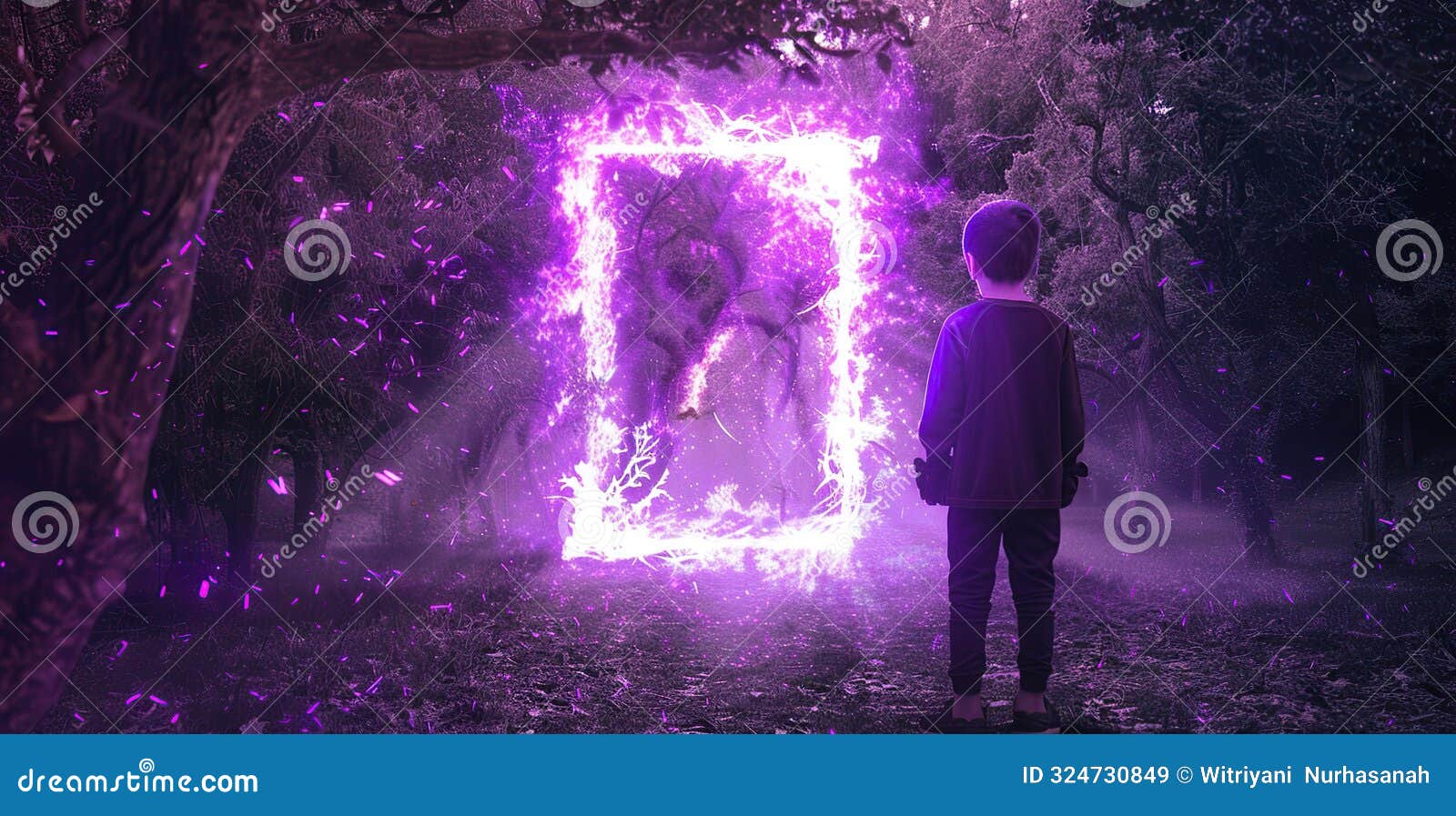 Boy Facing a Magical Portal in a Mystical Forest Stock Illustration ...