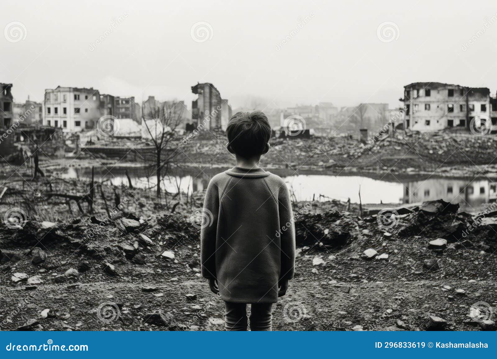 A Boy Facing the Ruins of His Hometown Devastated by War Stock ...