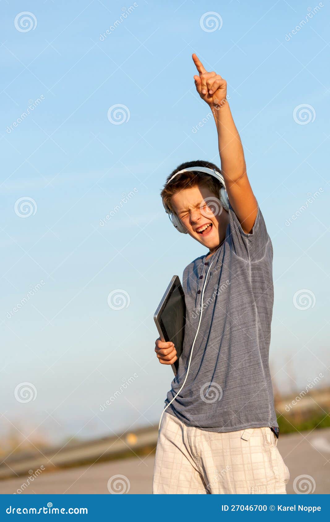 Boy Feeling Free with Headphones and Tablet. Stock Photo - Image of ...
