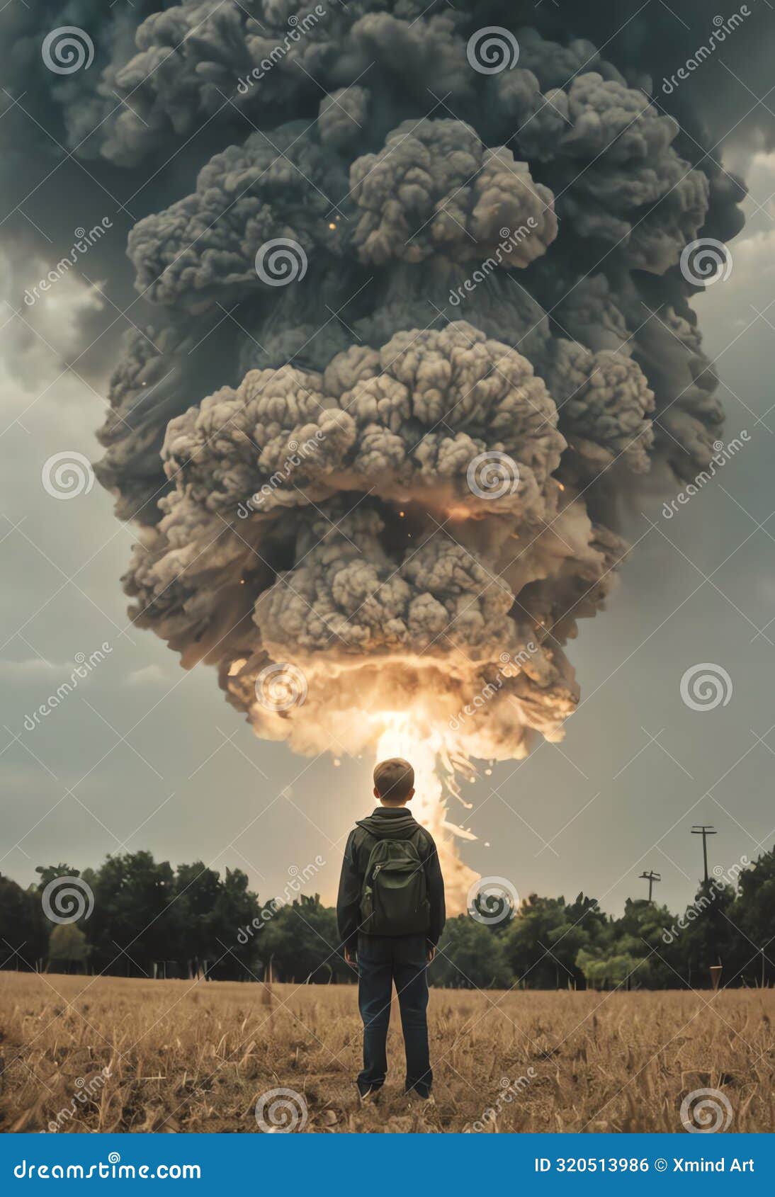 Back View Boy in the Field Looking an Atomic Warfare Explosion Stock ...