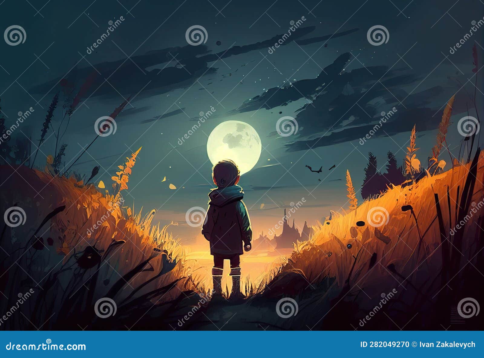 Boy in a Field Looks at the Full Moon Illustration. AI Generative Stock ...