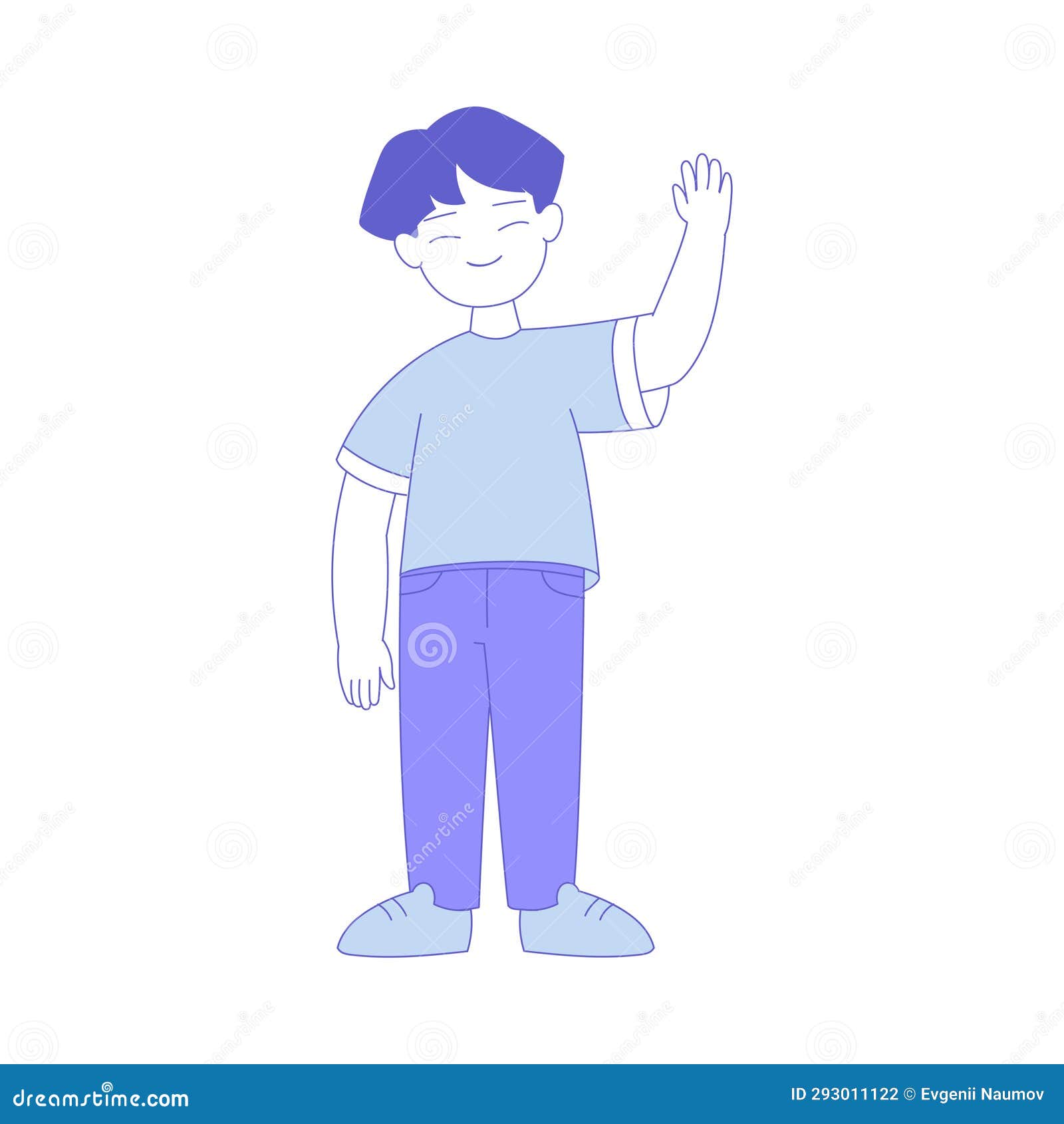 Boy First Grader Standing with Raised Arm and Smiling Vector ...