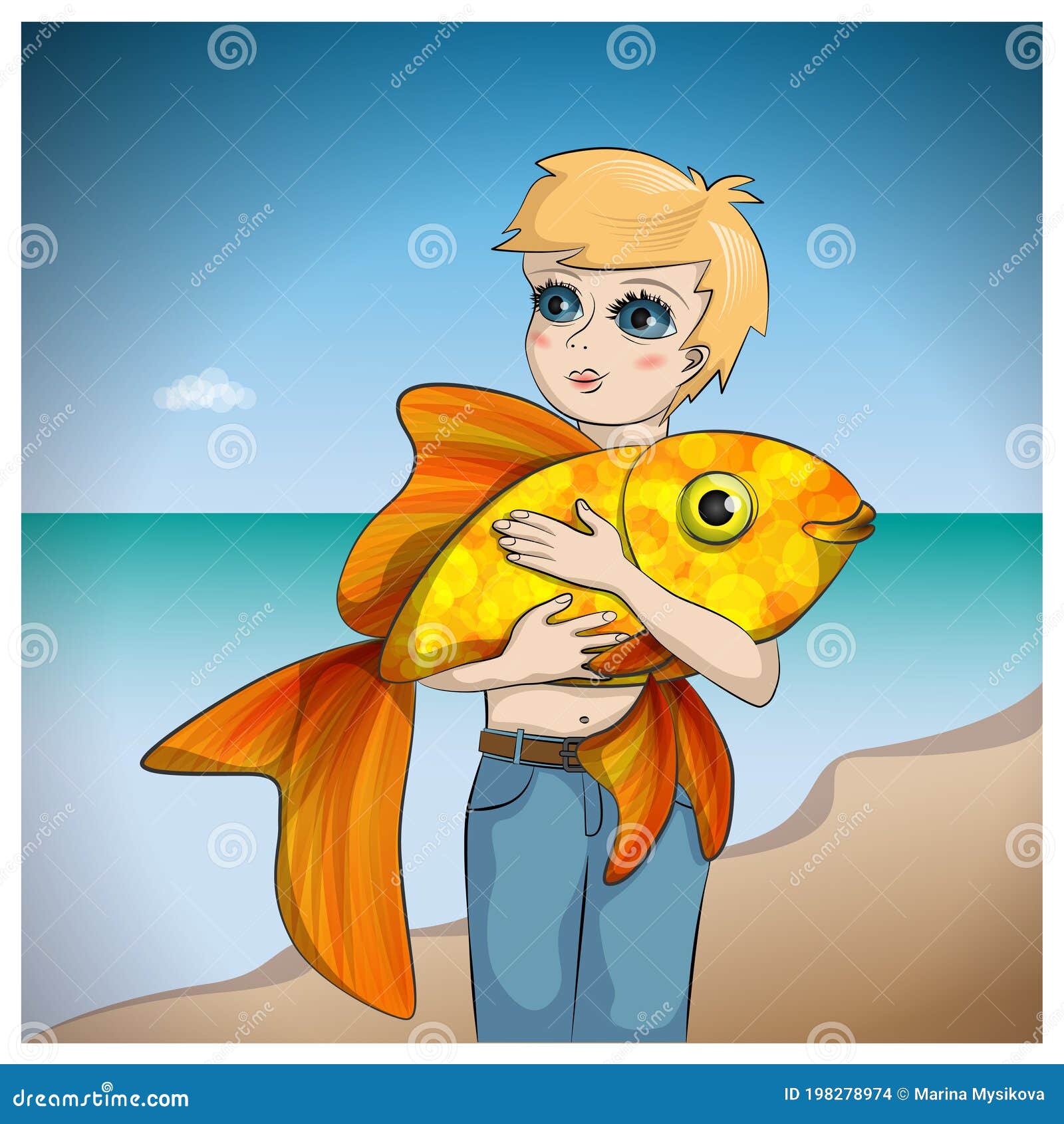 A Boy with a Fish in His Hands Stock Vector - Illustration of cartoon ...