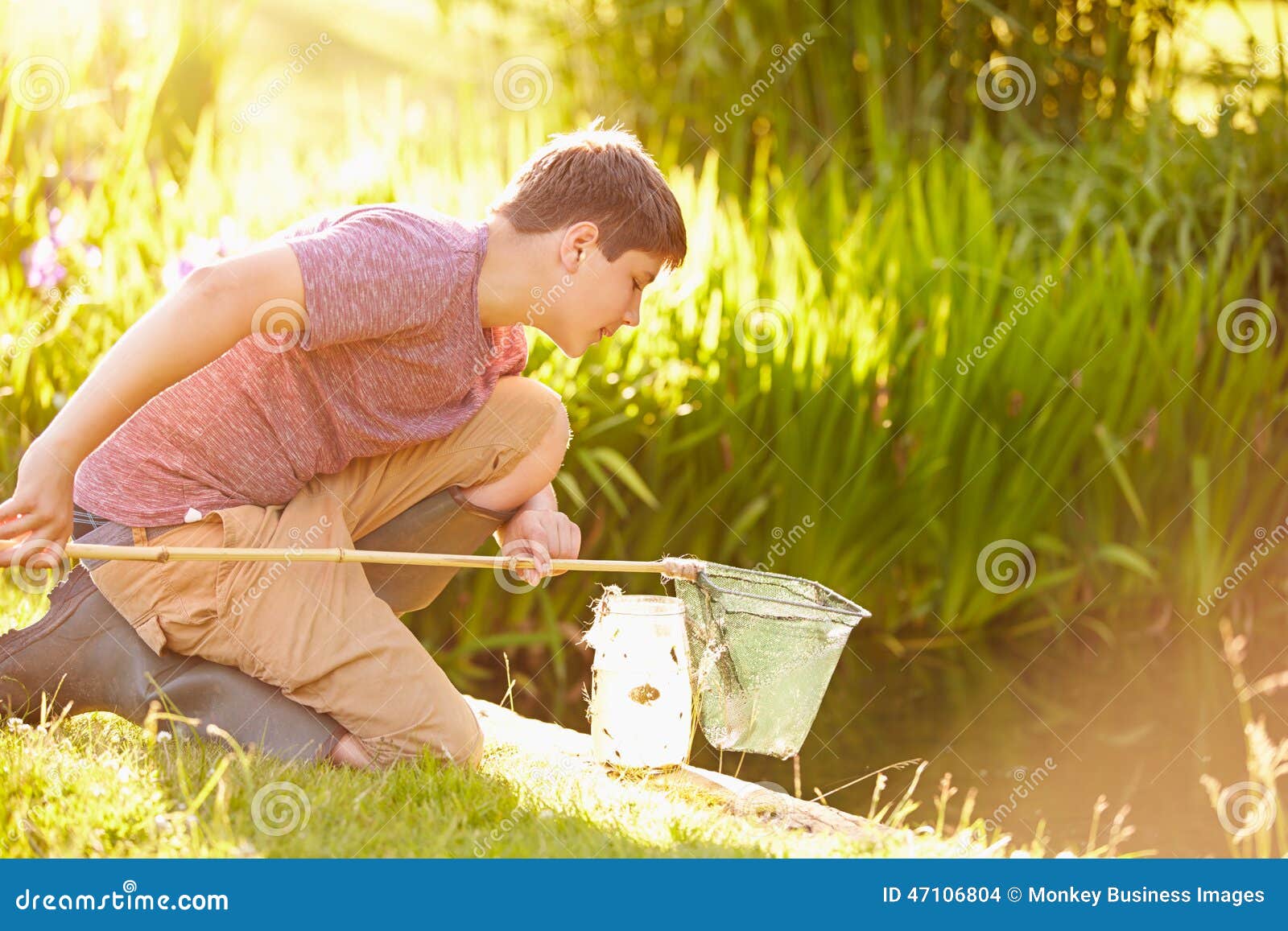 Boy Fishing in Pond with Net and Jar Stock Photo - Image of fish, boots ...