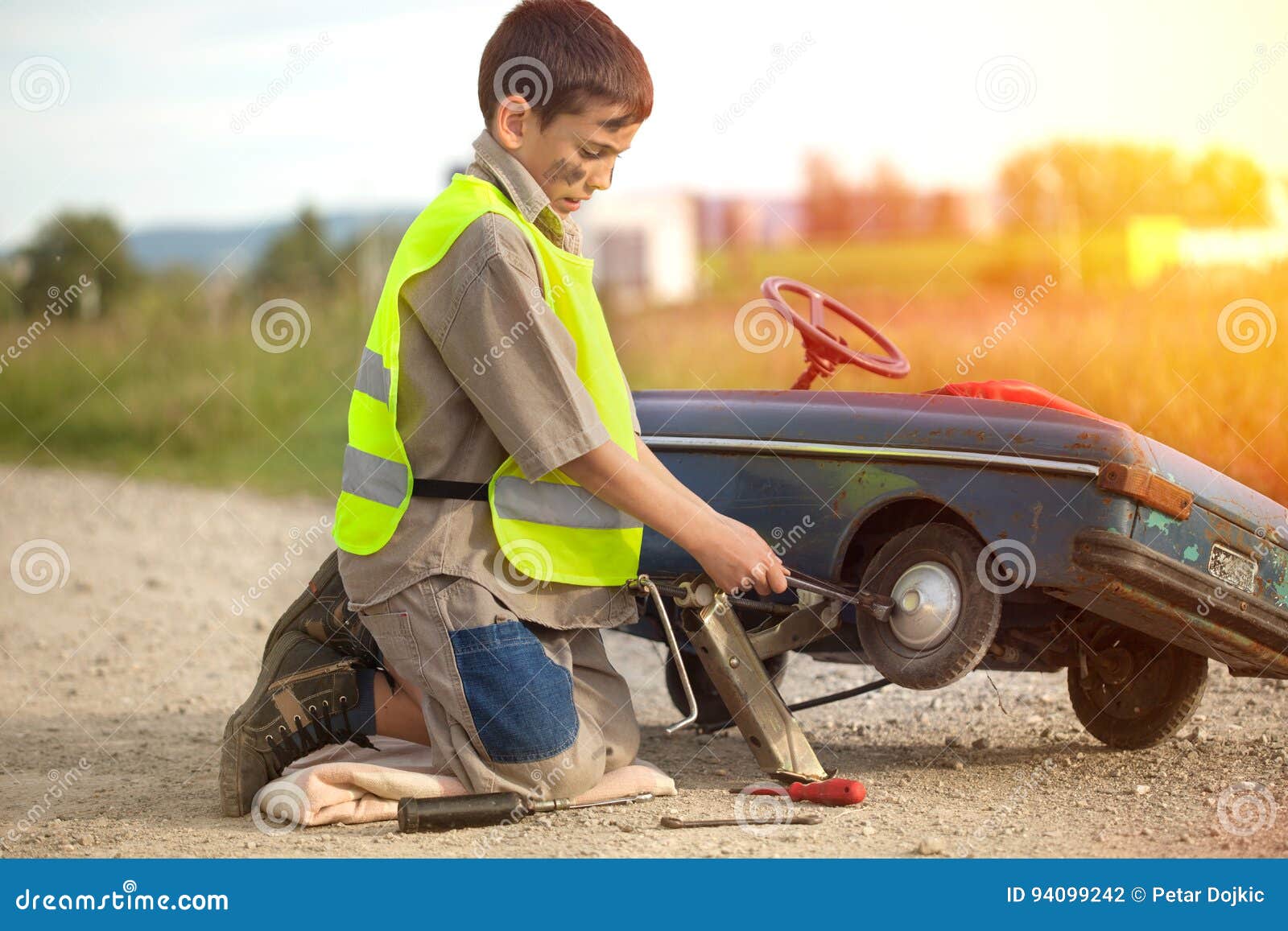 Boy Fixes His Retro Toy Car Stock Photo - Image of mechanic, assistance ...