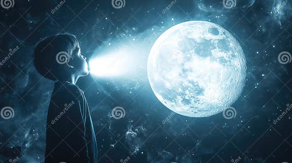 Boy with Flashlight Illuminates the Moon Stock Image - Image of ...