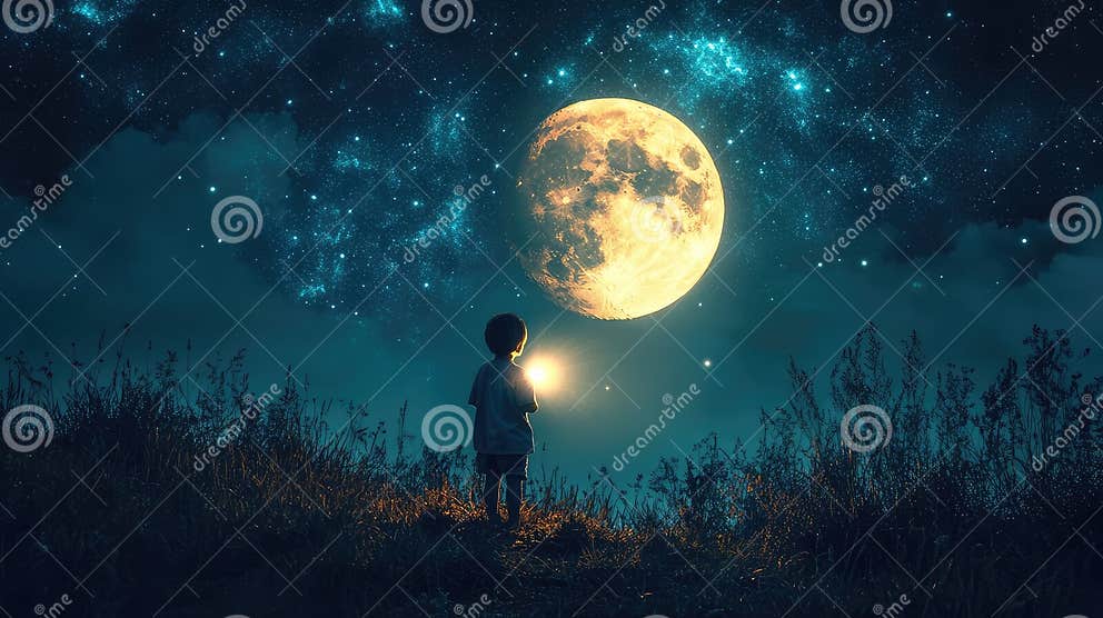 Boy with Flashlight Illuminates the Moon Stock Photo - Image of bright ...