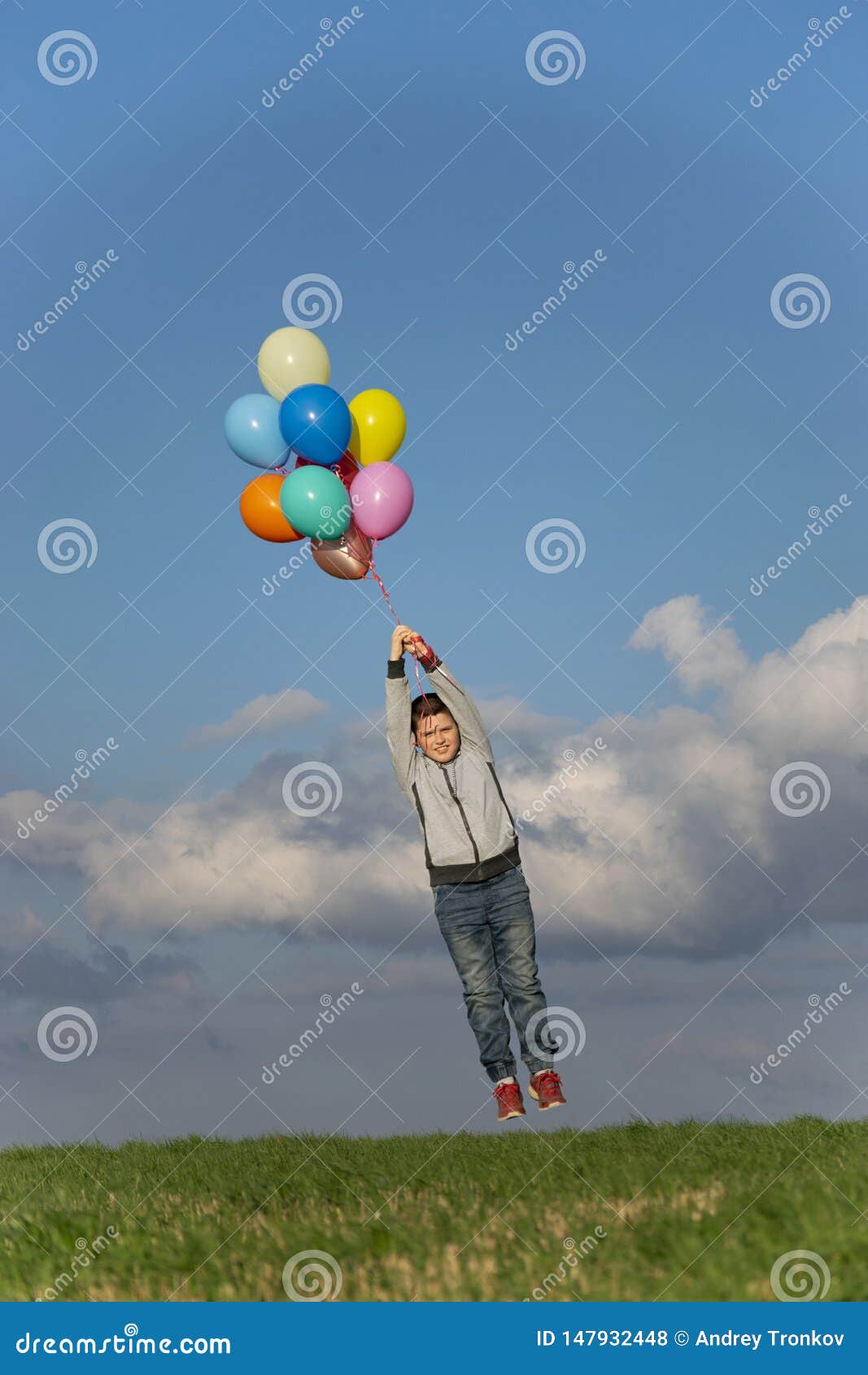 The Boy Flies Away in Balloons Stock Photo - Image of clouds, color ...