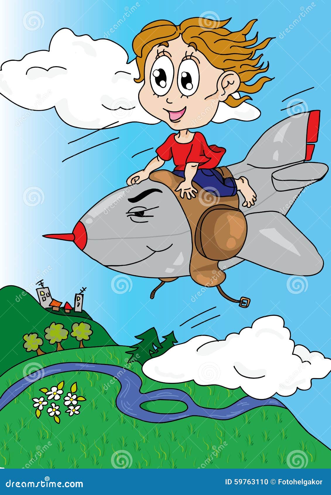 Boy flying on an airplane stock illustration. Illustration of trees ...