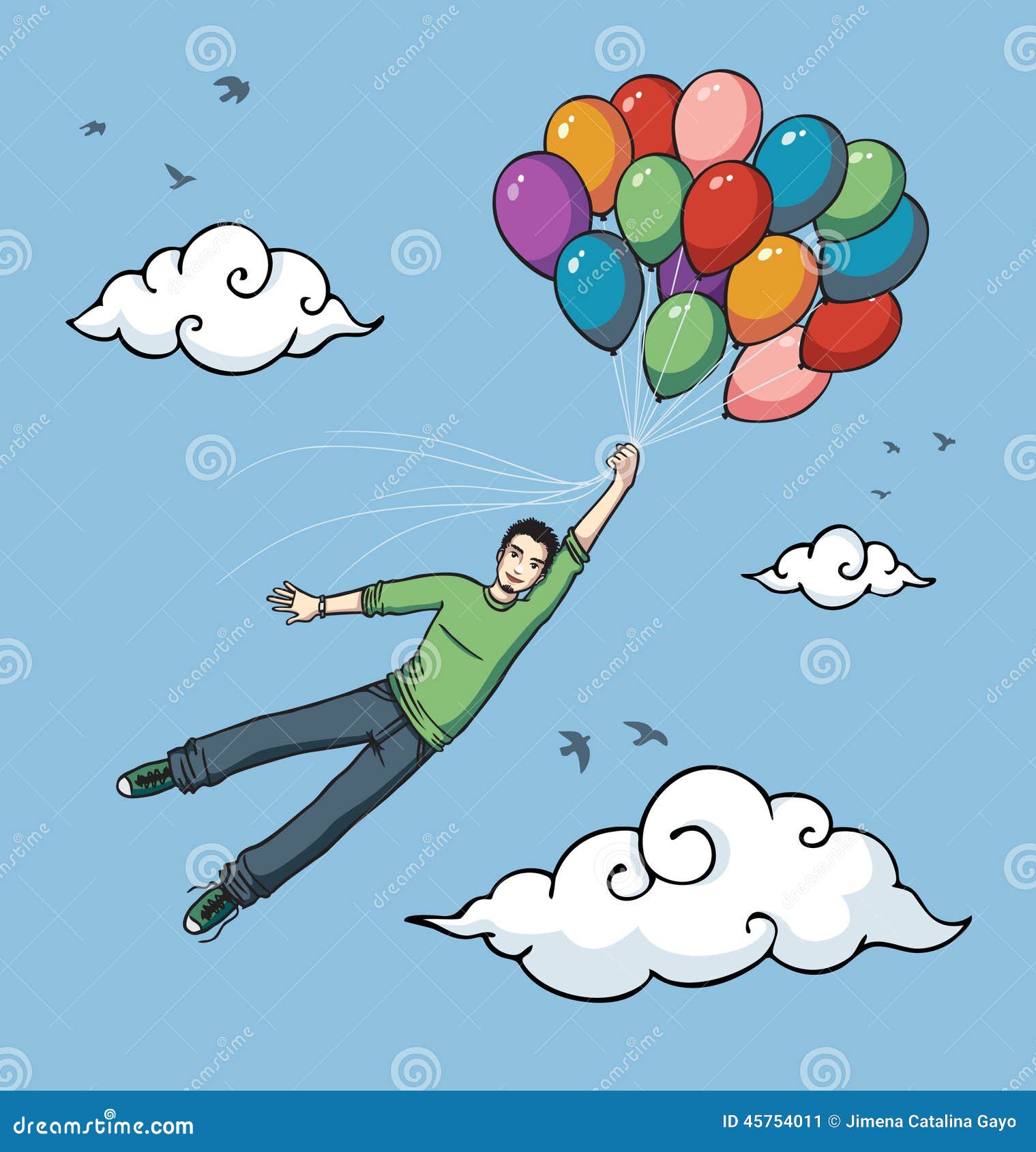 Boy flying with balloons stock illustration. Illustration of helium ...