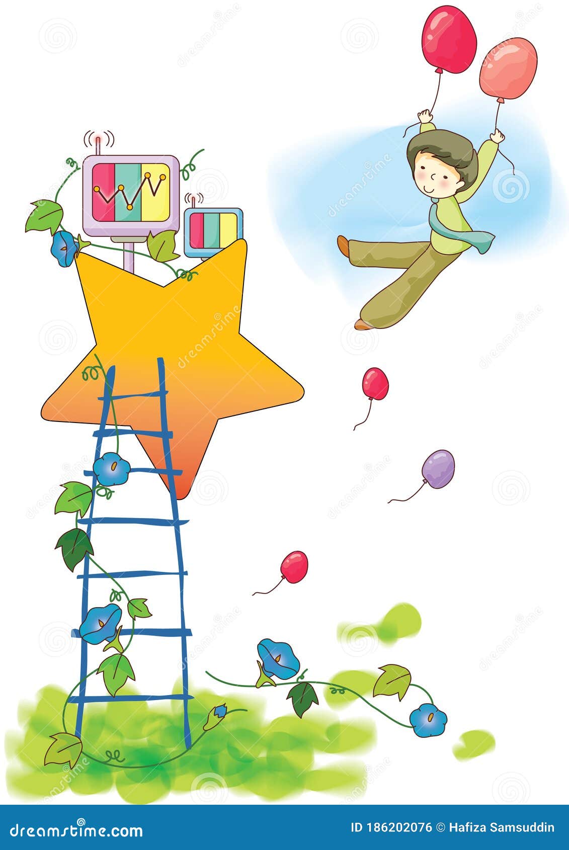 Boy Flying with Balloons. Vector Illustration Decorative Design Stock ...
