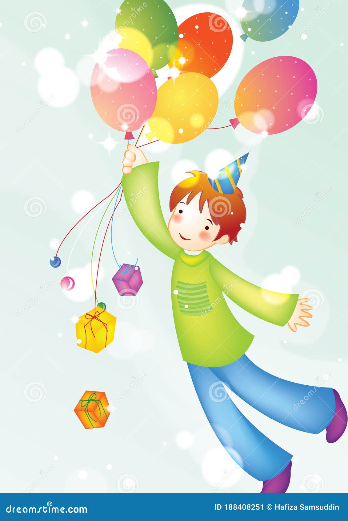 Boy Flying with Balloons. Vector Illustration Decorative Design Stock ...