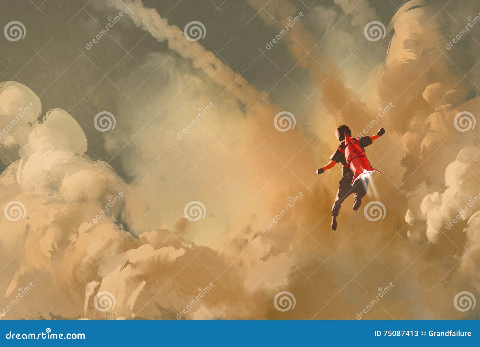 Boy Flying In The Cloudy Sky With Jet Pack Rocket Royalty-Free Cartoon ...