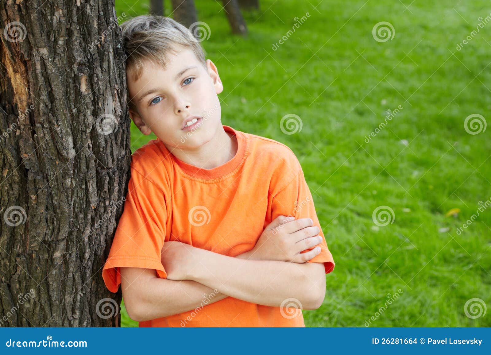 Boy with Folded Arms, Standing Leaned To Tree Stock Photo - Image of ...