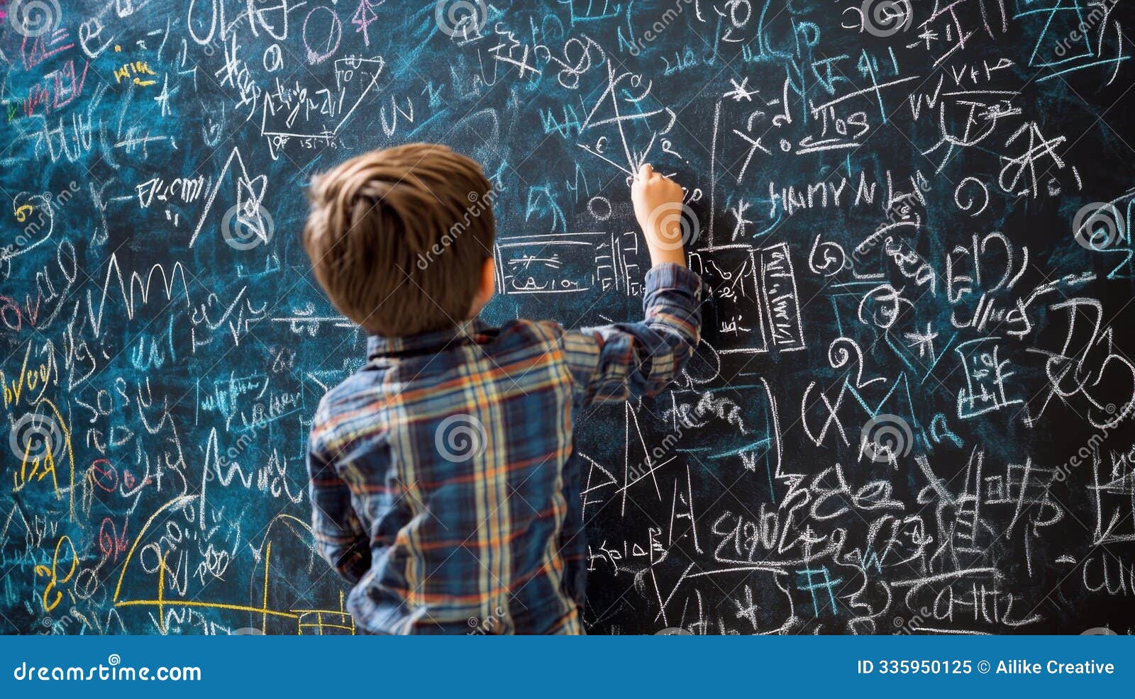 Boy in Front of Math and Physics Chalkboard, Concept of Education ...