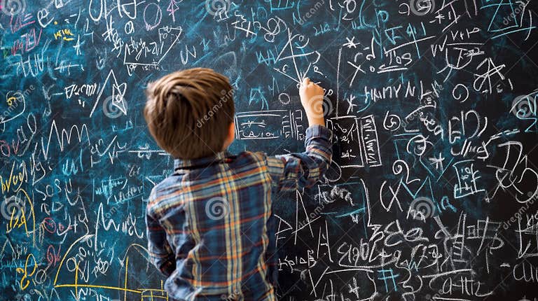 Boy in Front of Math and Physics Chalkboard, Concept of Education ...