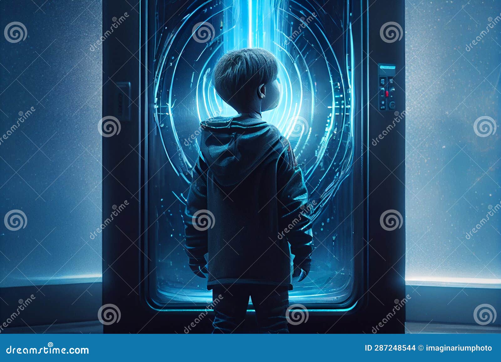 Boy in Front of the Teleportation Machine. Light Speed Journey Stock ...