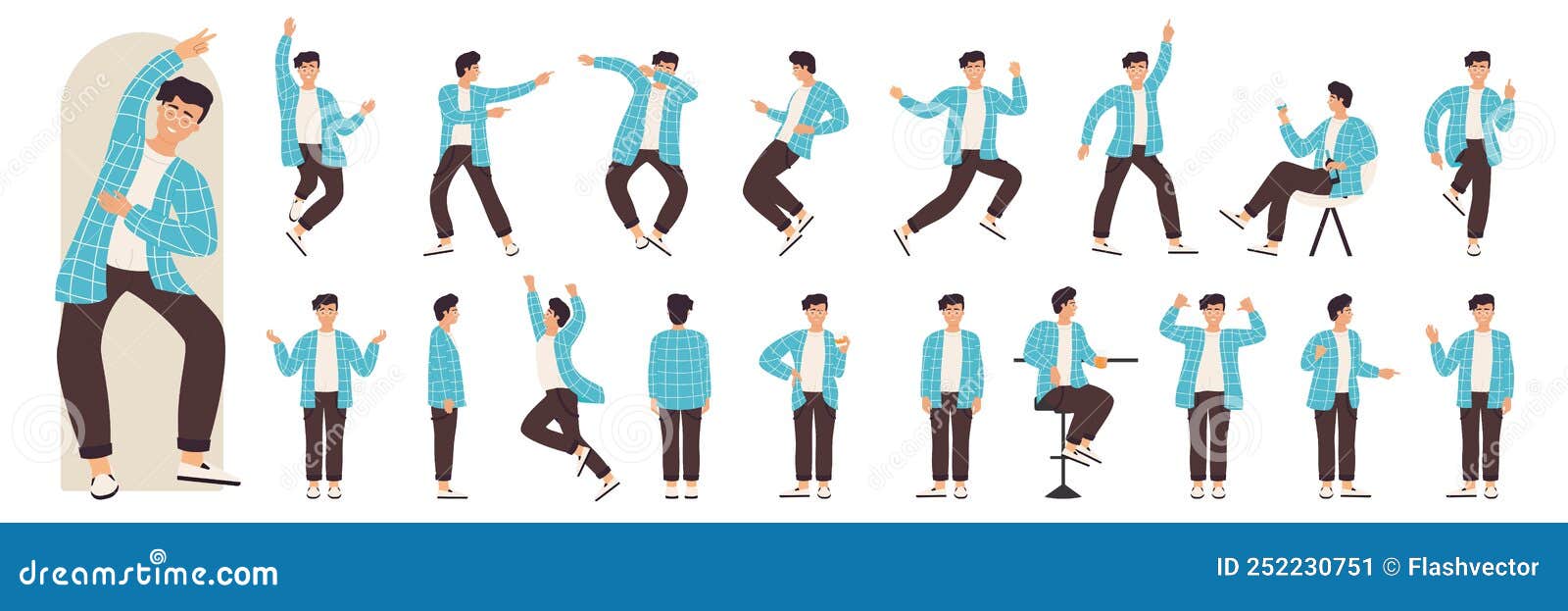 Boy on Fun Dance Party in Dynamic Actions, Side, Front and Back View ...