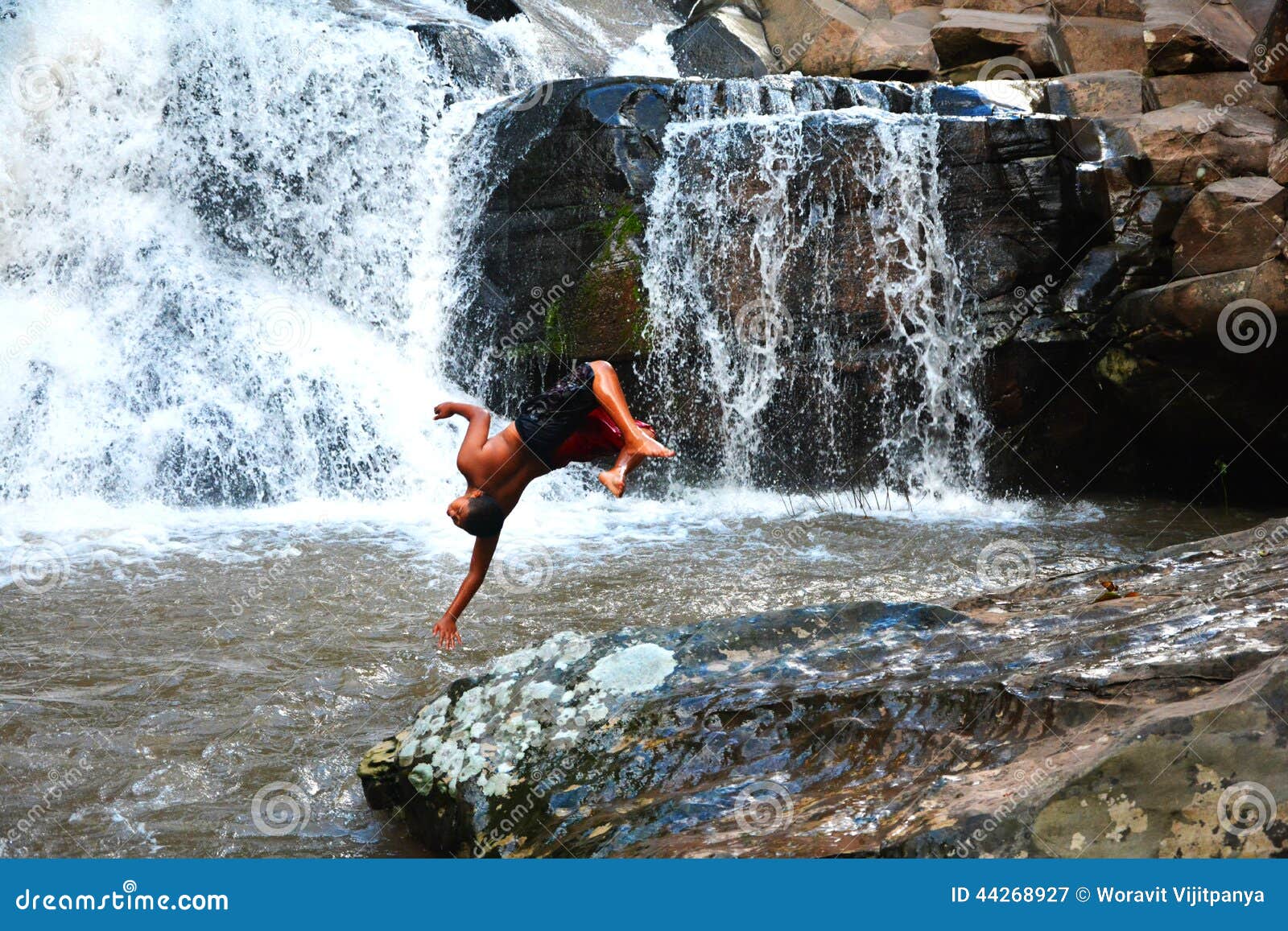 Boy Funny Waterfall editorial photography. Image of leaf - 44268927