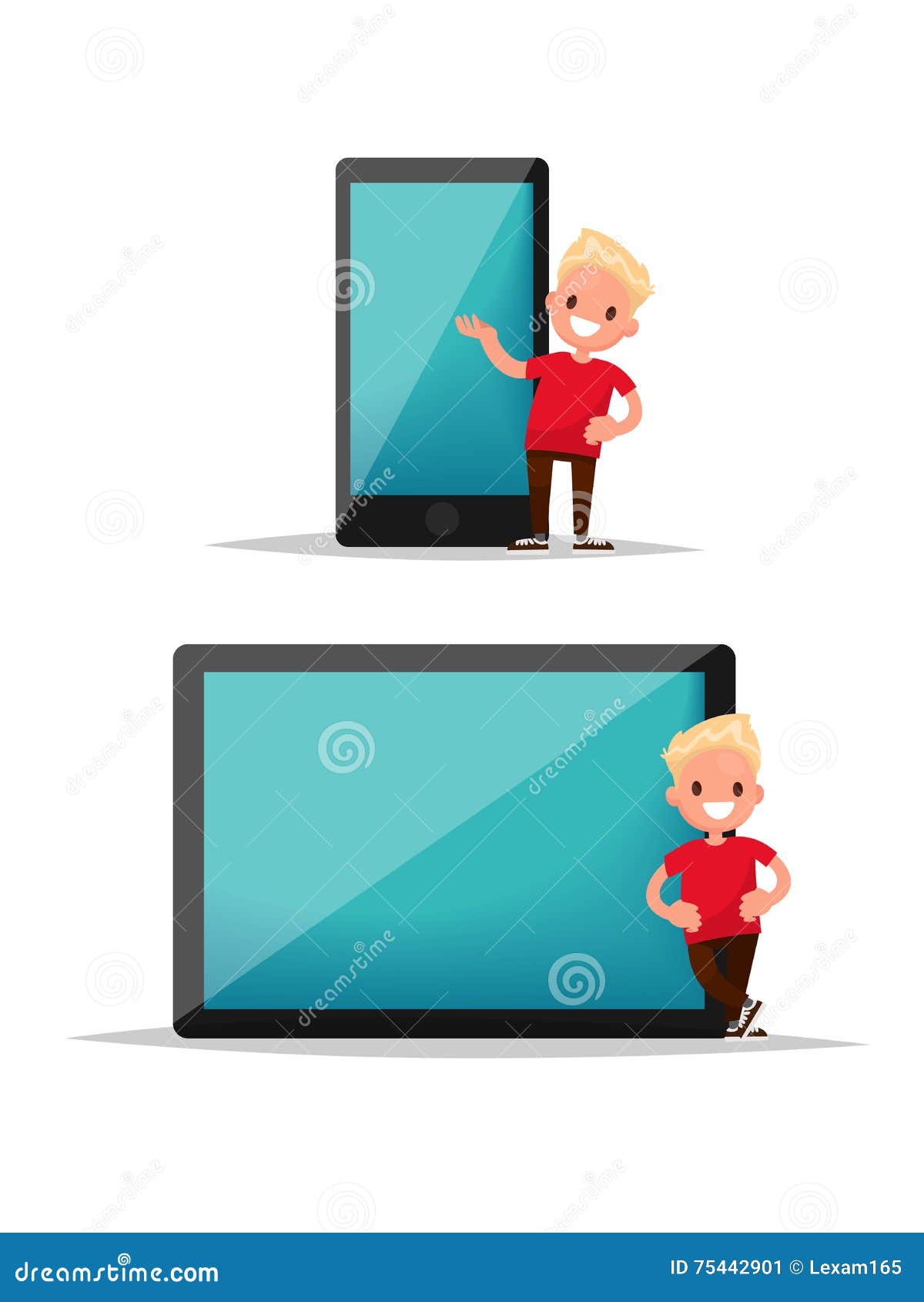 Boy and Gadgets. a Boy Stands Near the Phone and Tablet Stock ...