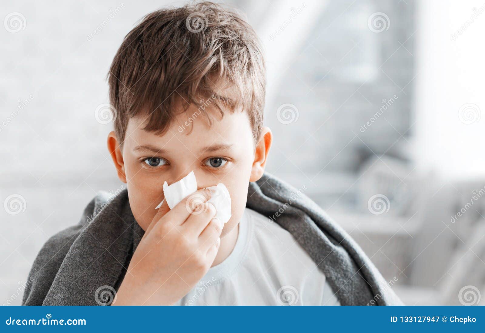 Boy Get Cold and Blow Her Nose at Home Stock Image - Image of care ...