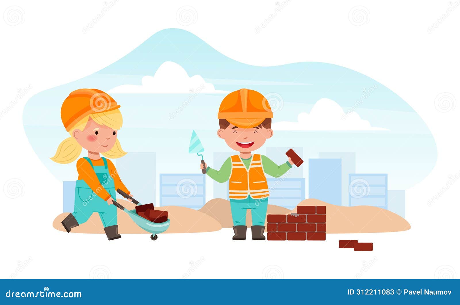 Boy and Girl Builder Character in Helmet and Uniform Vector ...