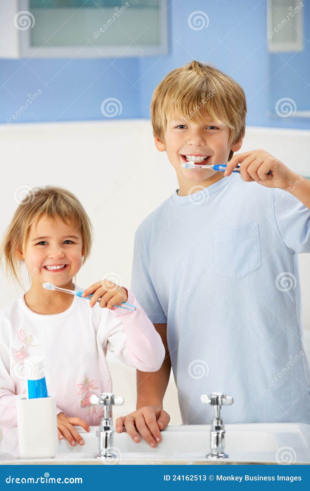 Boy and Girl Cleaning Teeth in Bathroom Stock Image - Image of people ...
