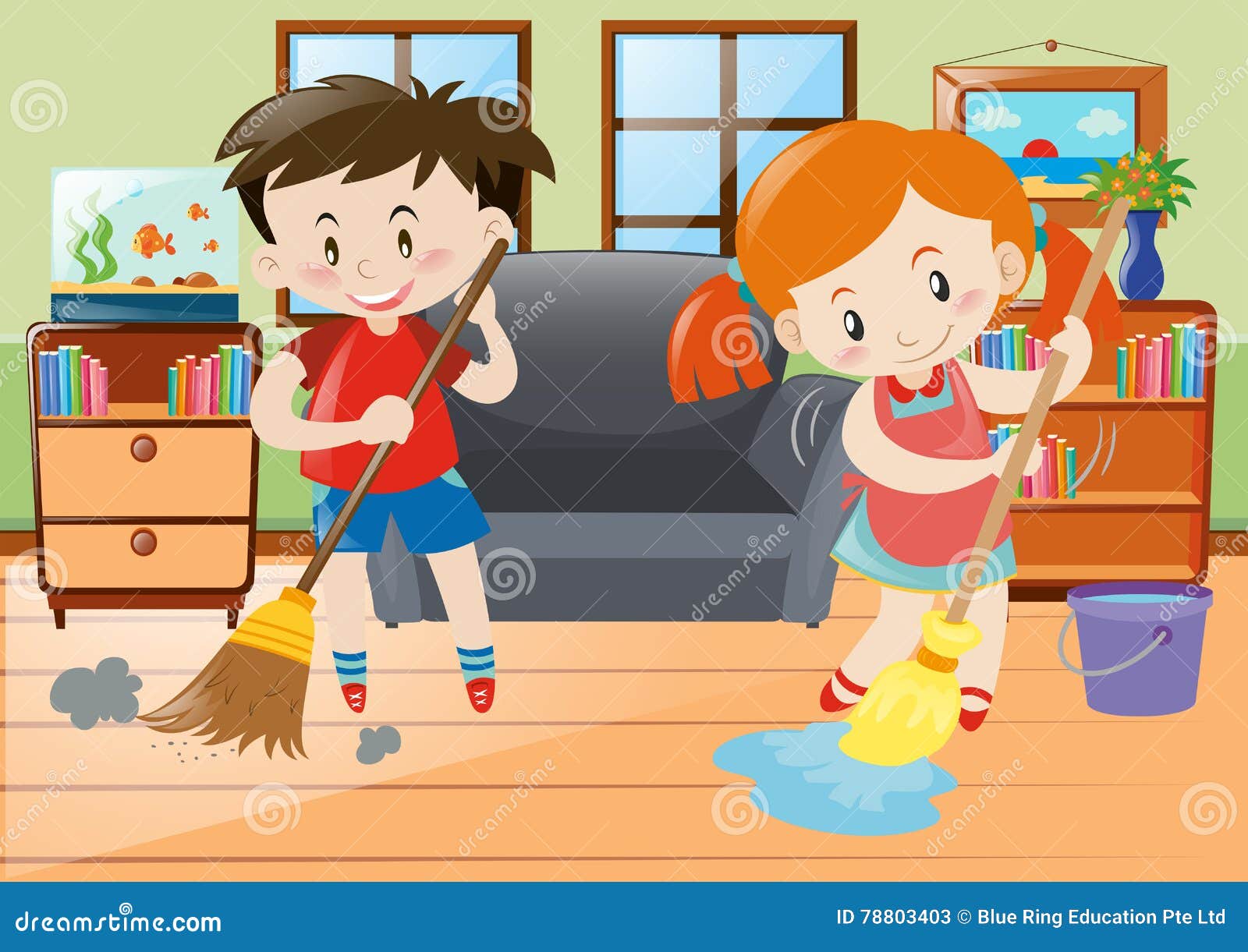 Boy And Girl Doing Chores In The House Vector Illustration ...