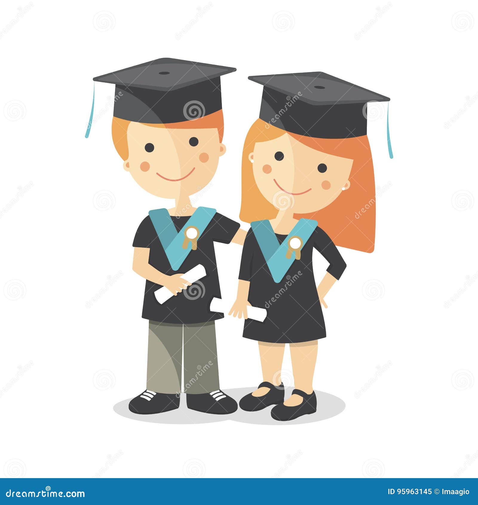 A Boy And A Girl In Graduation Gown Standing In Front The Online Class ...