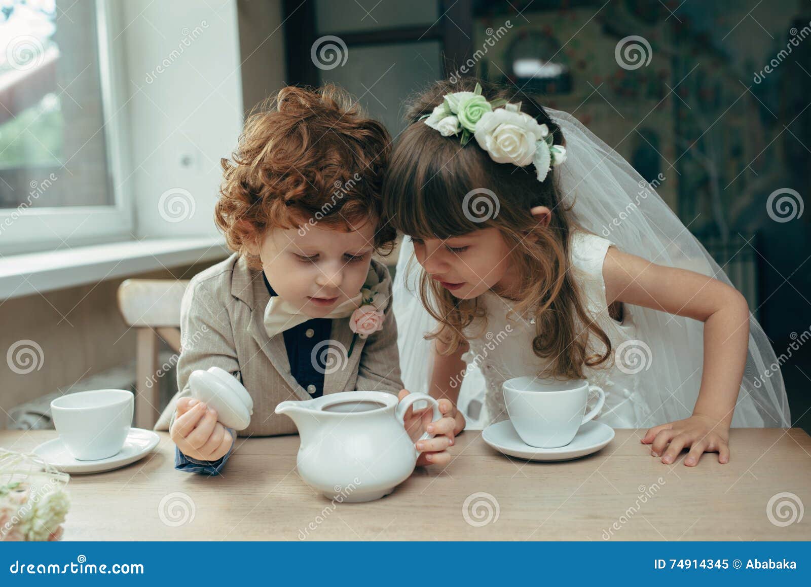 Boy and Girl Having Tea Party in Cafe Stock Image - Image of child ...