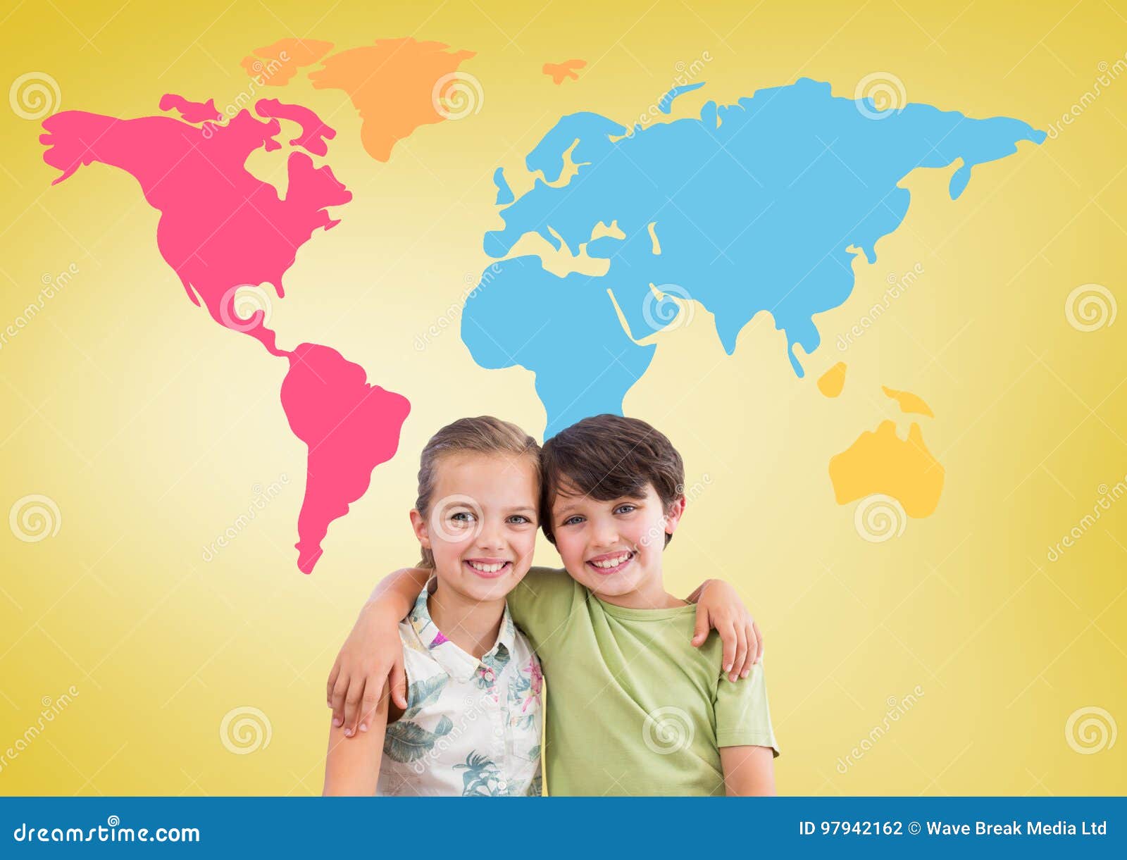 Boy and Girl Hugging in Front of Colorful World Map Stock Photo - Image ...