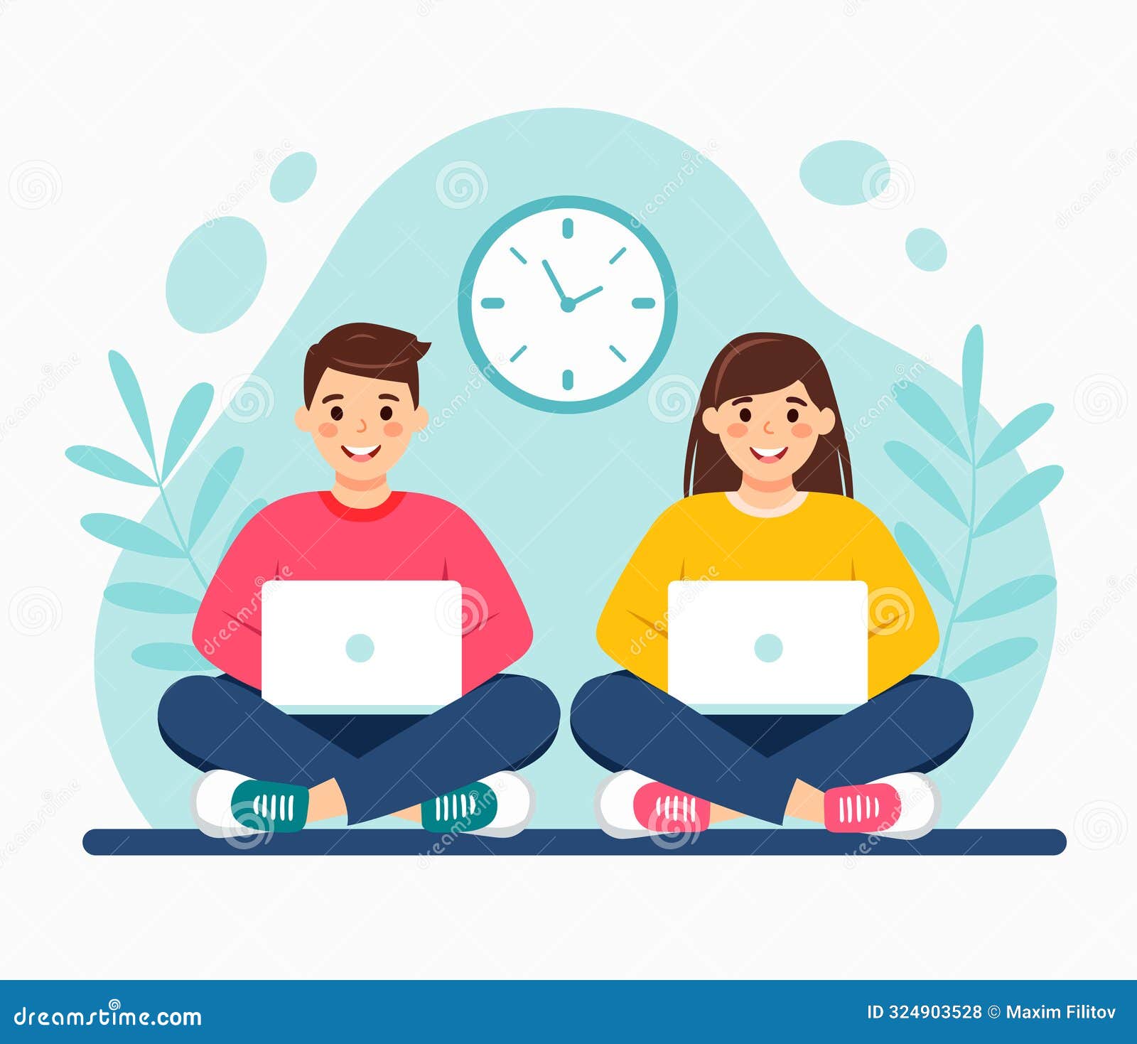 Boy and Girl with Laptops at School. Vector Illustration. Children with ...