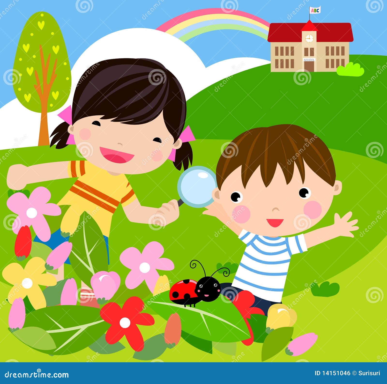 Boy and Girl with Magnifying Glass with Lady Bug Stock Vector ...