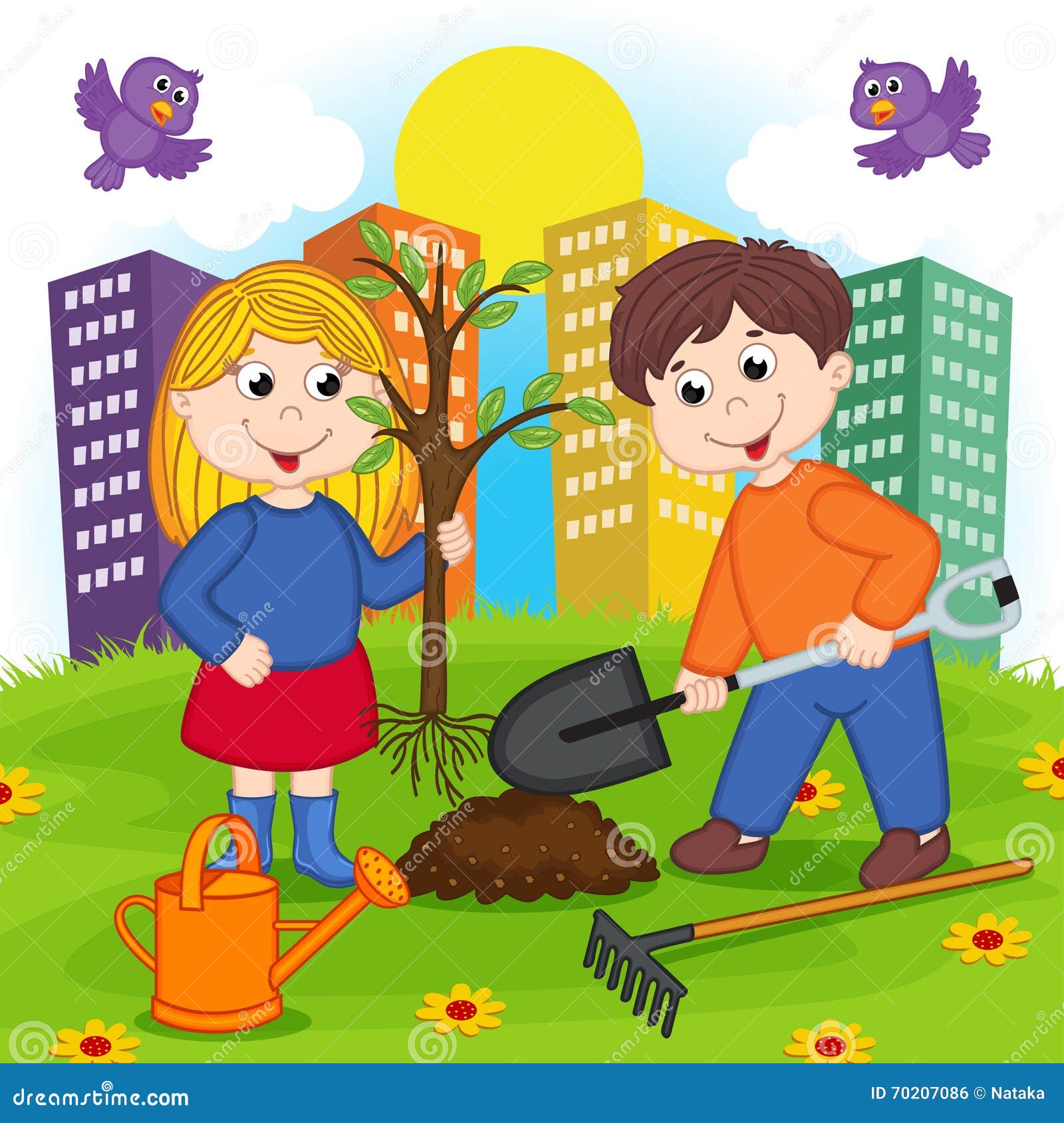 Boy And Girl Is Planting Tree Vector Illustration | CartoonDealer.com ...