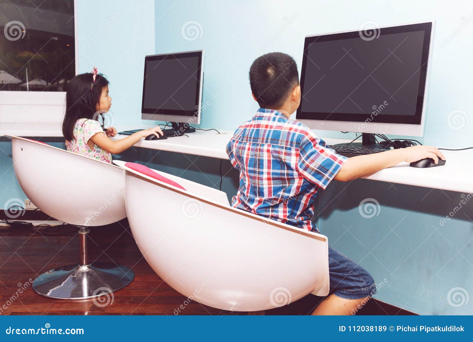 Boy and Girl Playing with a Computer Stock Image - Image of computer ...