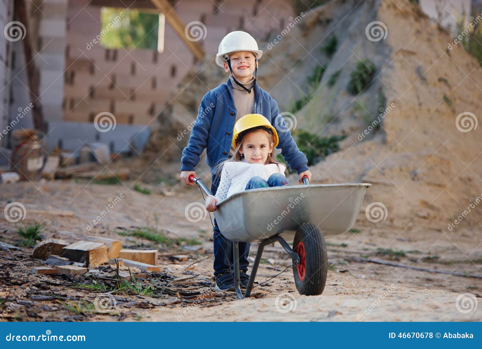 Boy and Girl Playing on Construction Site Stock Photo - Image of family ...