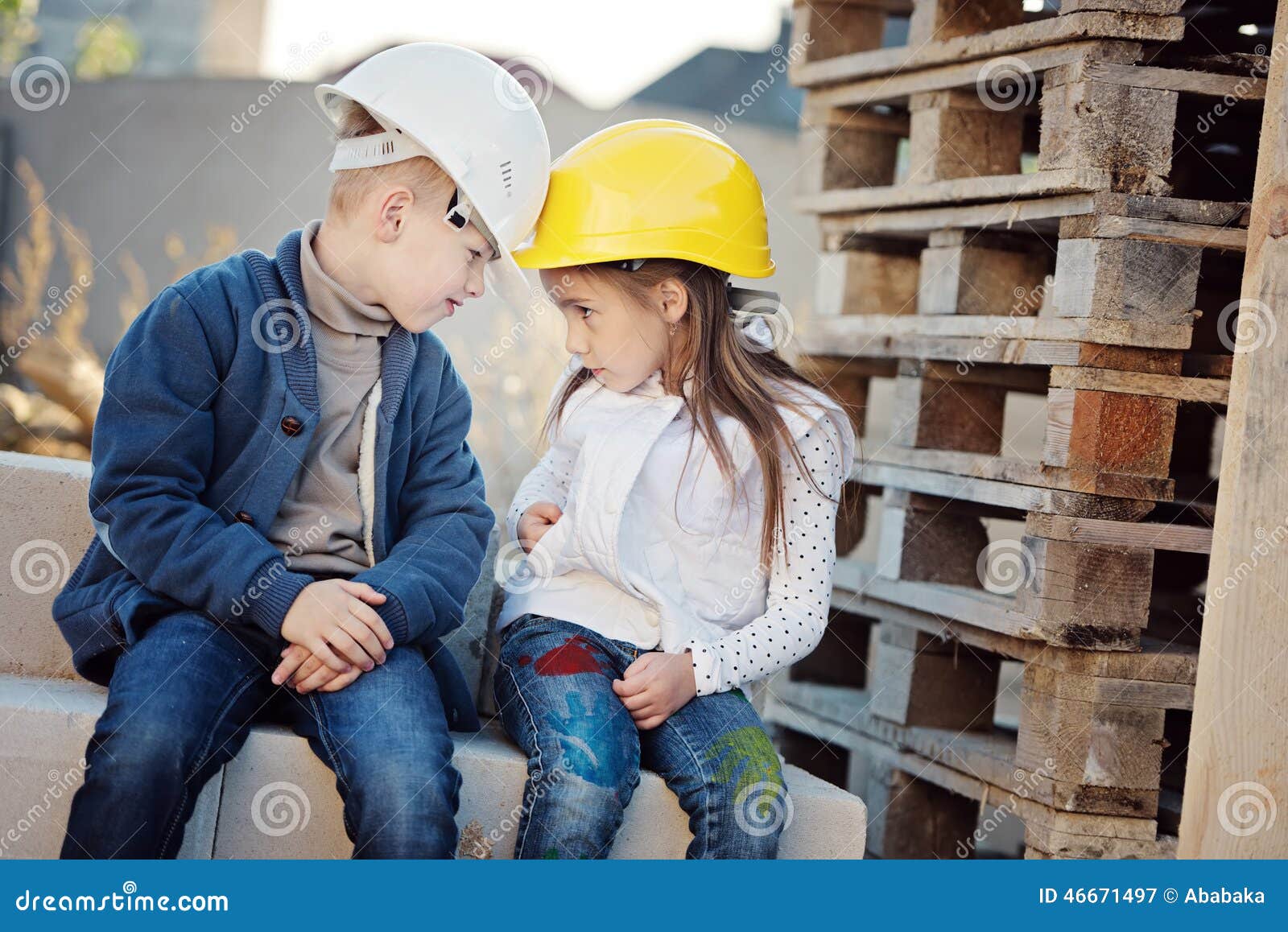 Boy and Girl Playing on Construction Site Stock Image - Image of ...