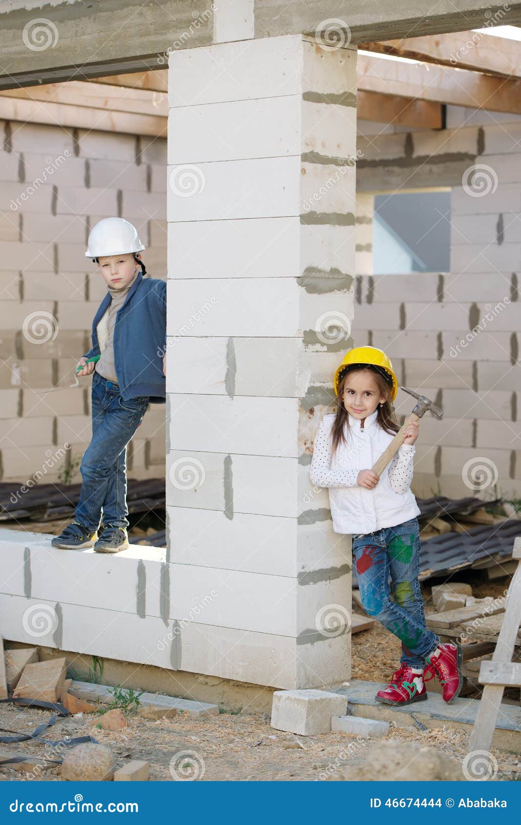 Boy and Girl Playing on Construction Site Stock Photo - Image of ...