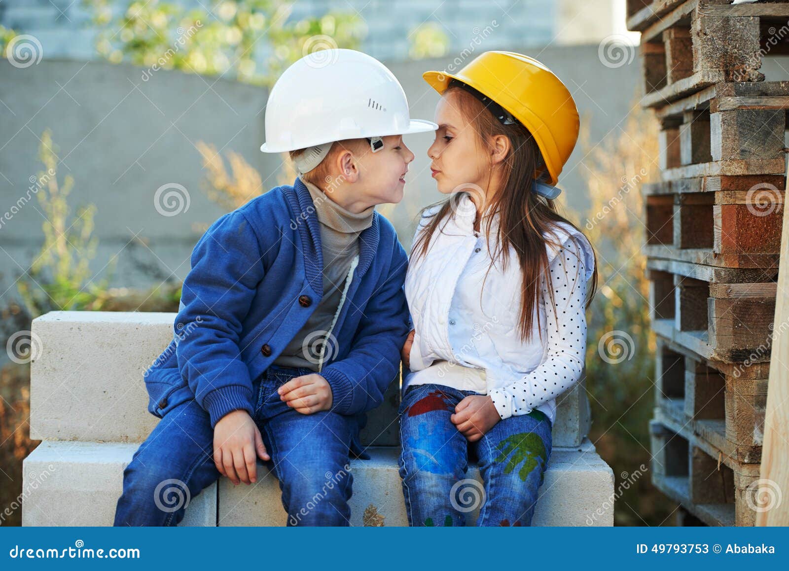 Boy and Girl Playing on Construction Site Stock Image - Image of small ...