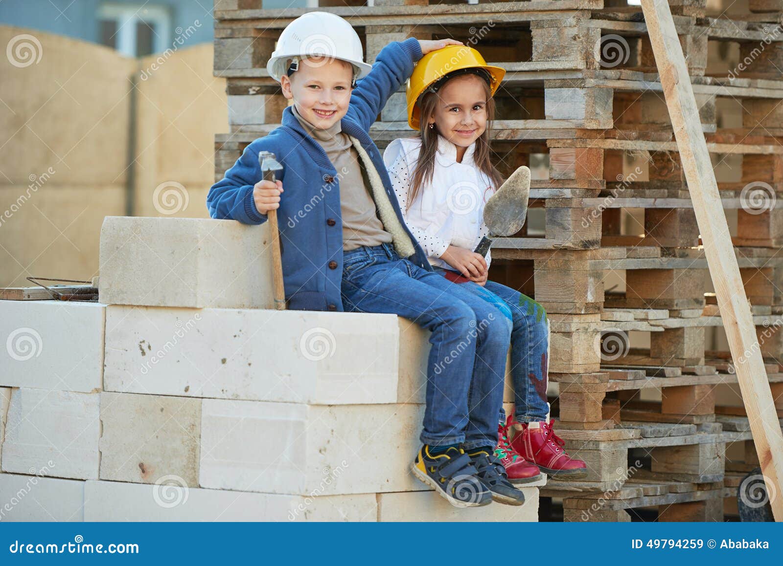 Boy and Girl Playing on Construction Site Stock Image - Image of ...
