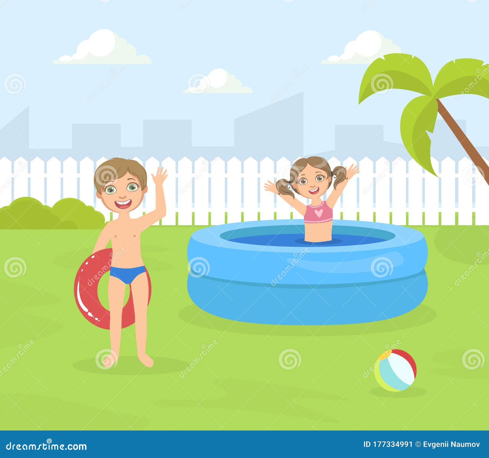 Boy and Girl Playing in Inflatable Pool in the Backyard Vector ...