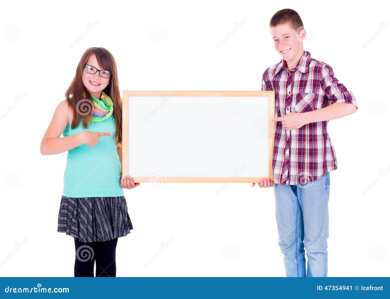 Boy and Girl Pointing on Empty Board Stock Image - Image of showing ...