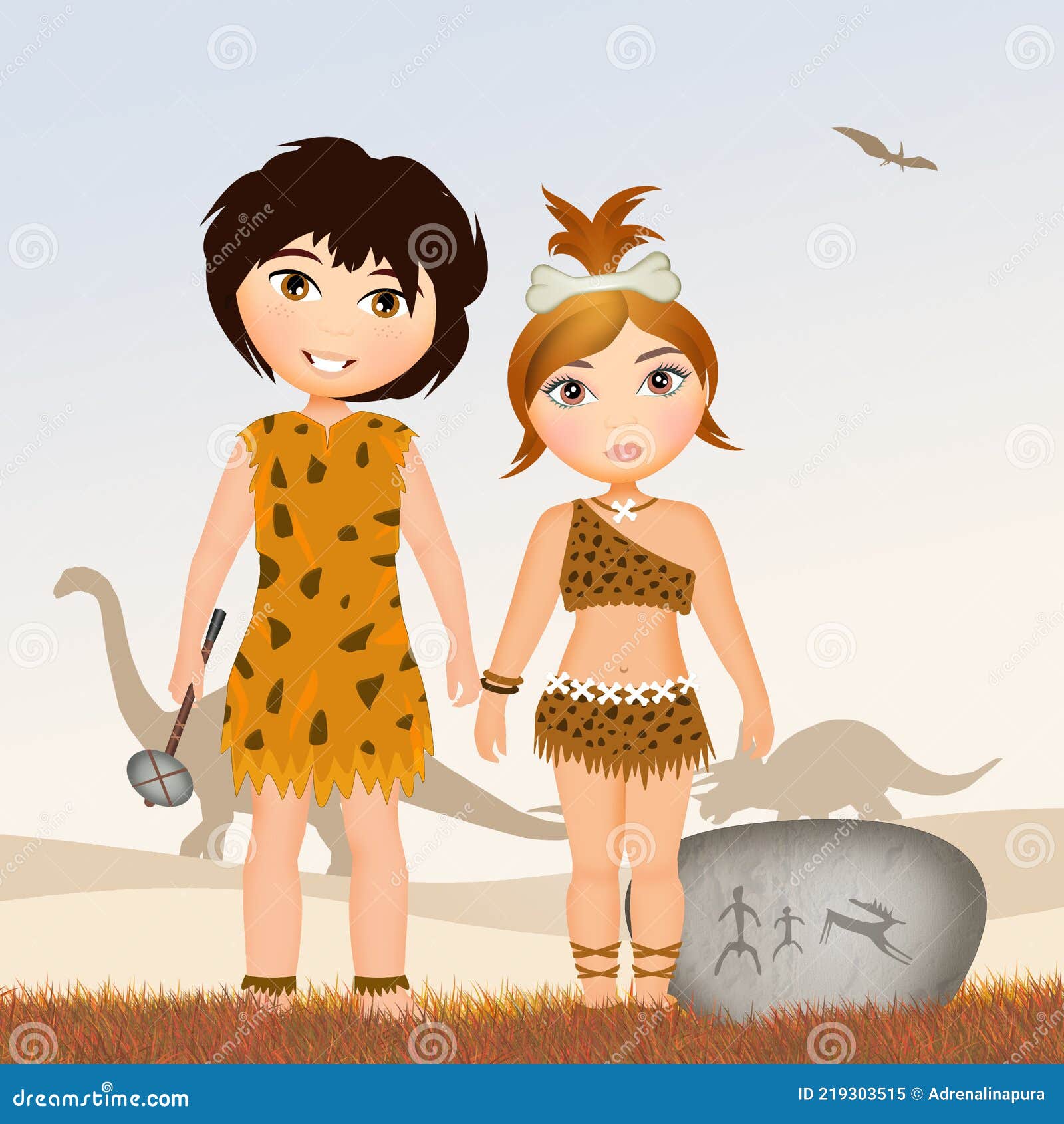 The Boy and Girl with Primitive Man Costume Stock Illustration ...